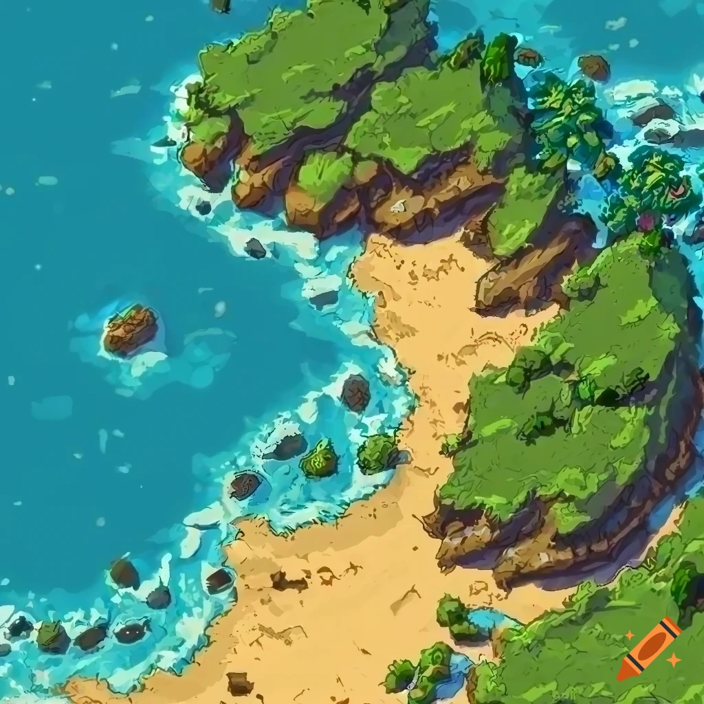 Top down view 2d art of rocky peninsula and sandy beach on Craiyon