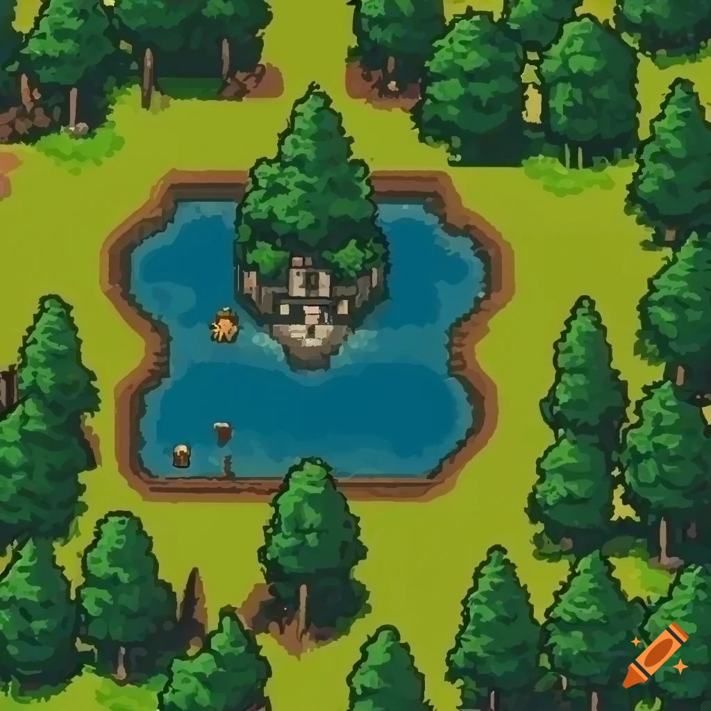 2D art of a castle in a forest by a lake with pine trees and large ...