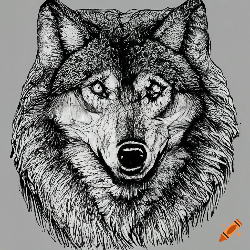 Ink drawings of a wolf's face on Craiyon