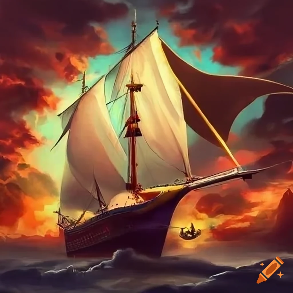 Sailing vessel flying in an eastern mythical fantasy setting on Craiyon