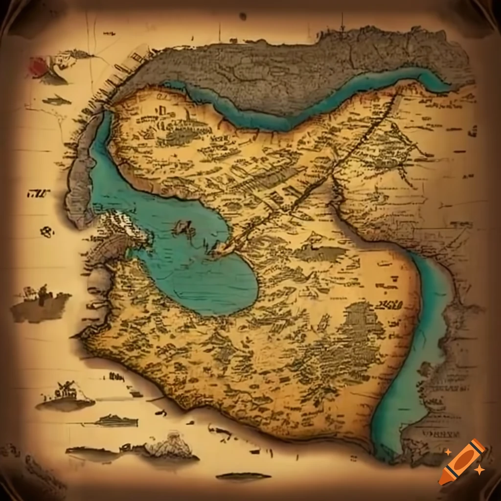 Map of an ancient civilization with river and huts on Craiyon