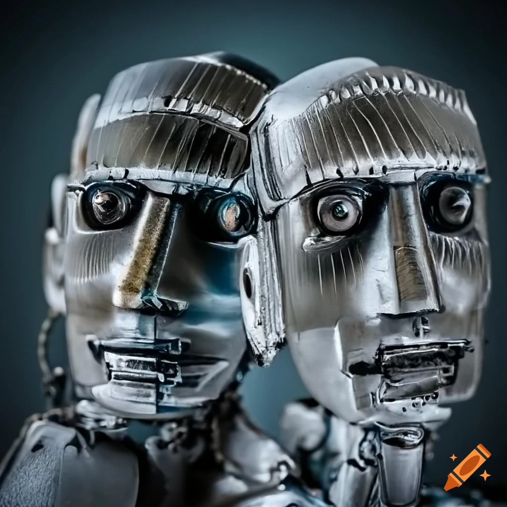 Close-up of two detailed metal robot faces looking at each other on Craiyon