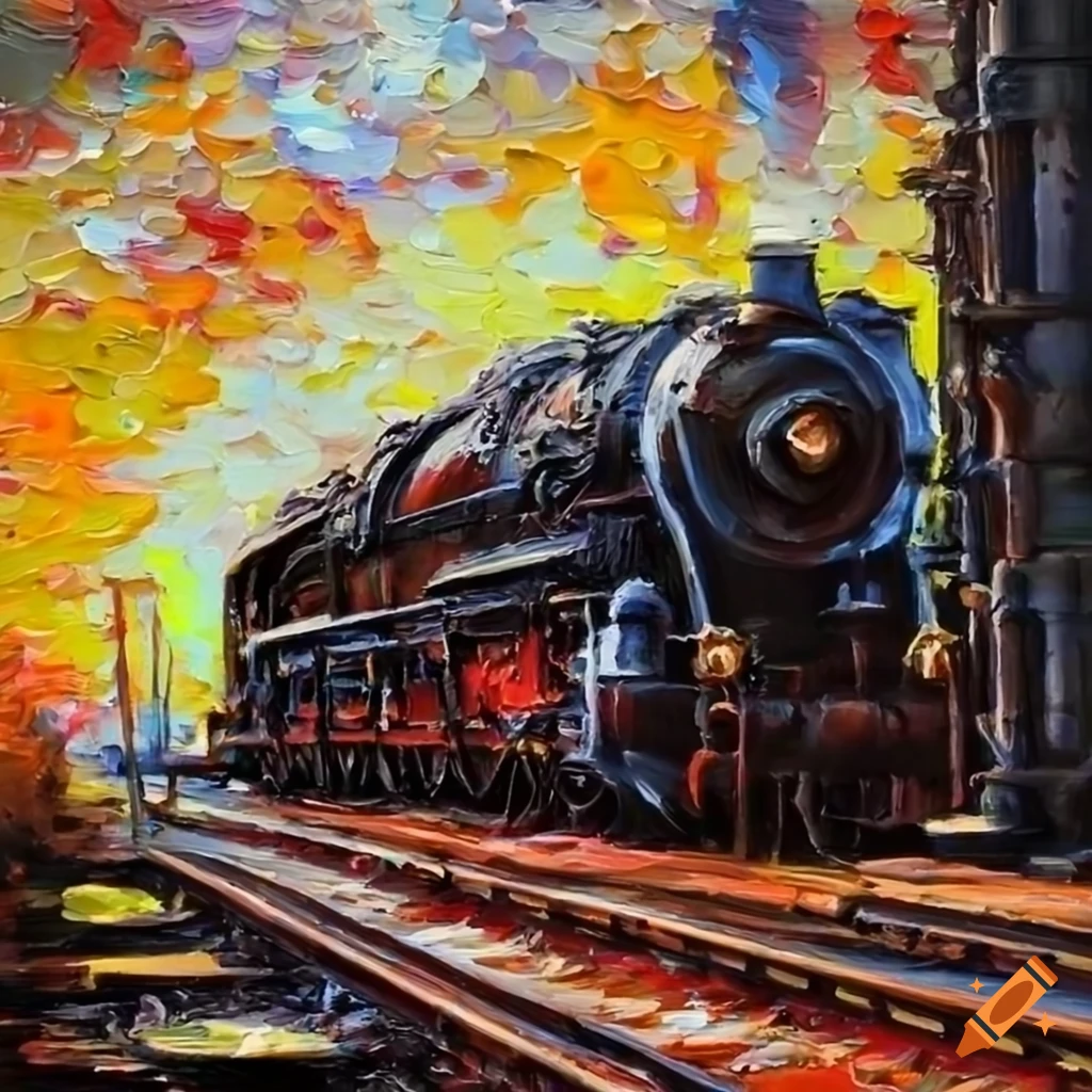 Old steam engine train in industrial area depicted in impasto oil ...