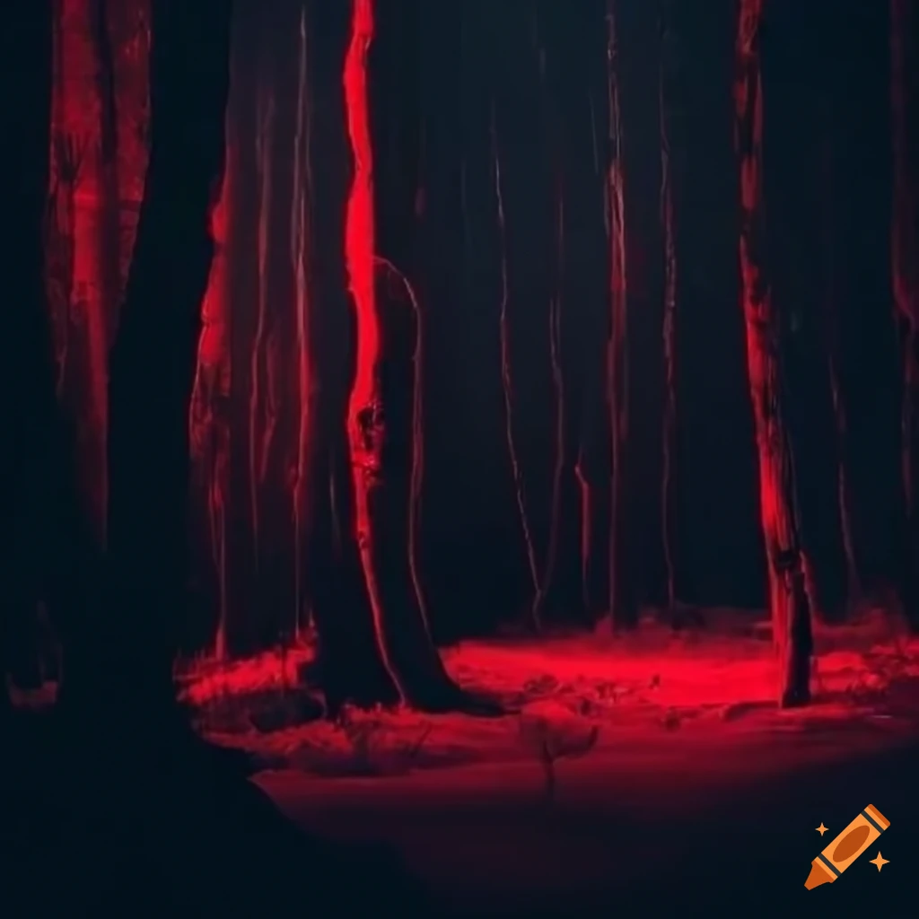 Dark winter forest with red neon light and mysterious red eyes in the ...
