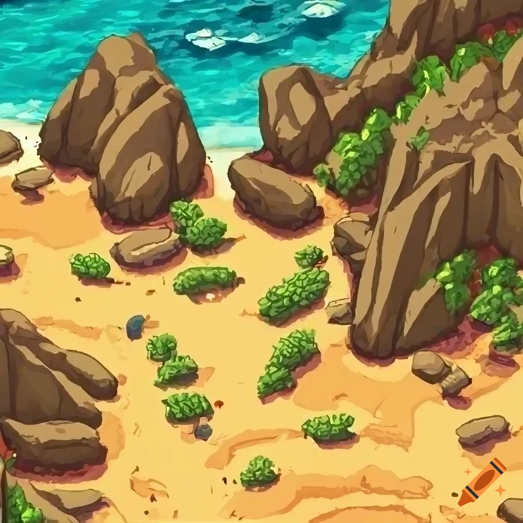 Beach with rocks and cliffs, palm trees, top down view in 2D art on Craiyon