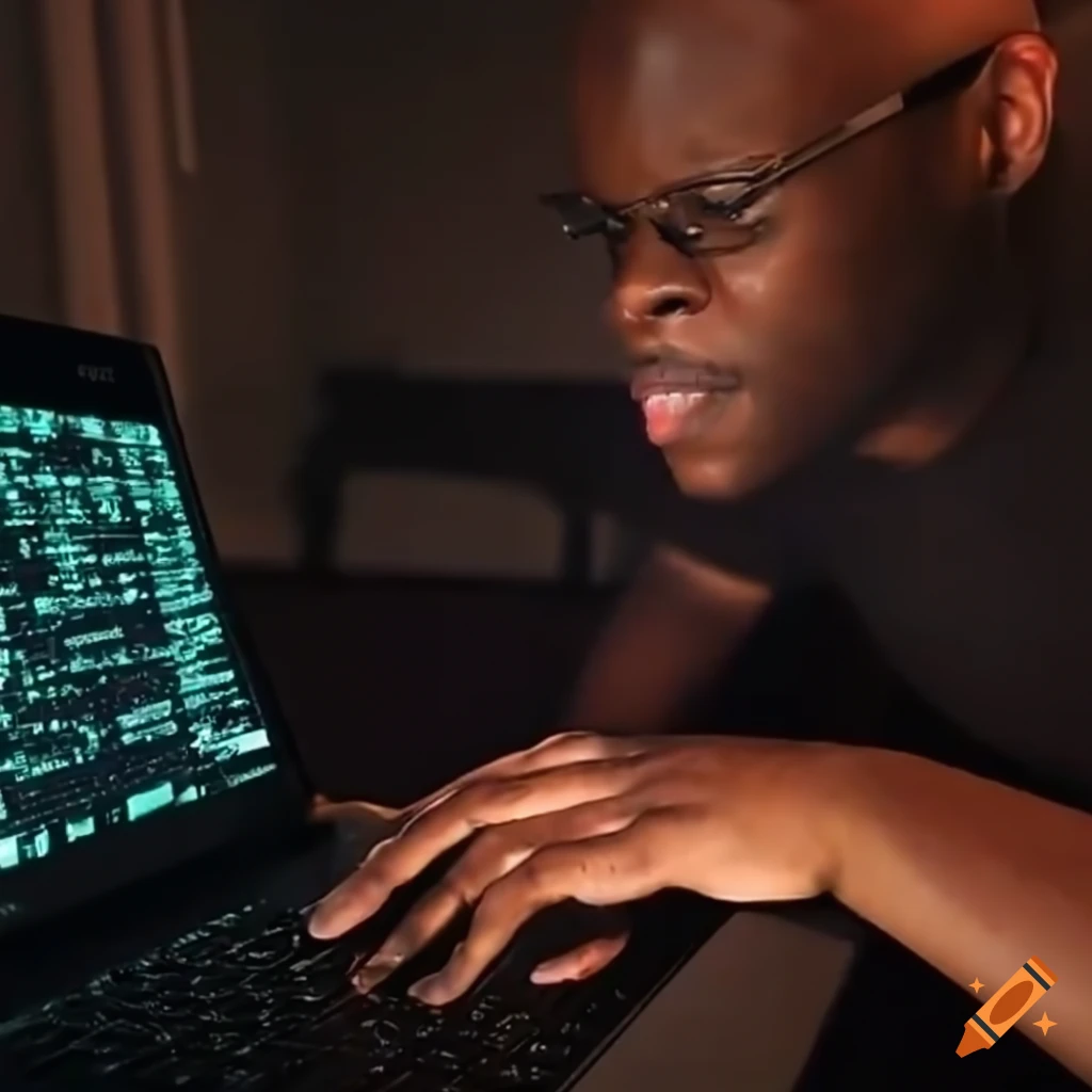 Frustrated black web developer looking at code on laptop screen on Craiyon