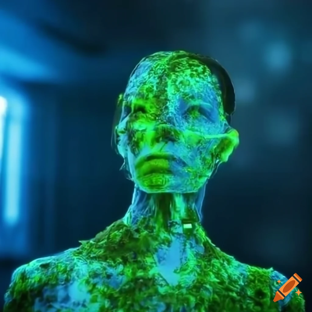 Biopunk cyborg covered in glowing moss in a futuristic laboratory on ...