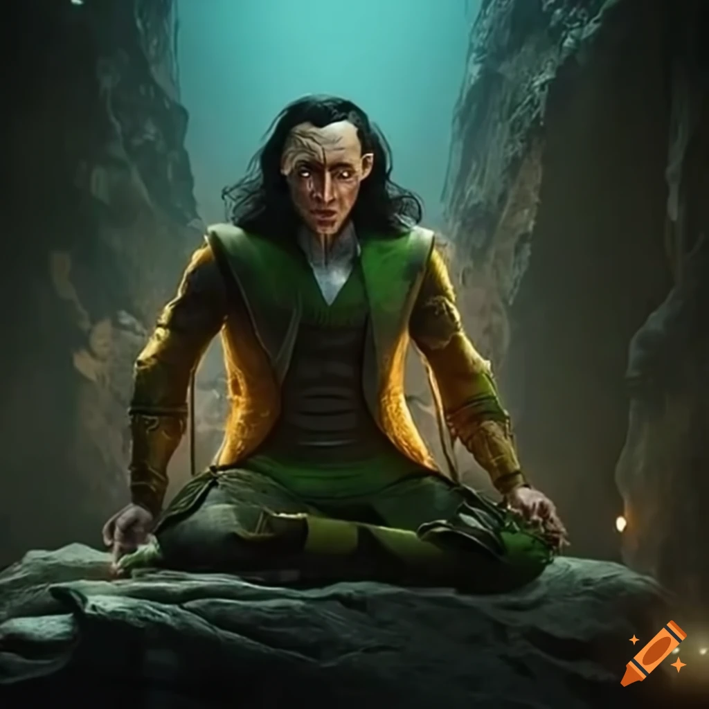 Loki with a chain around his chest in a dark cave at night on Craiyon