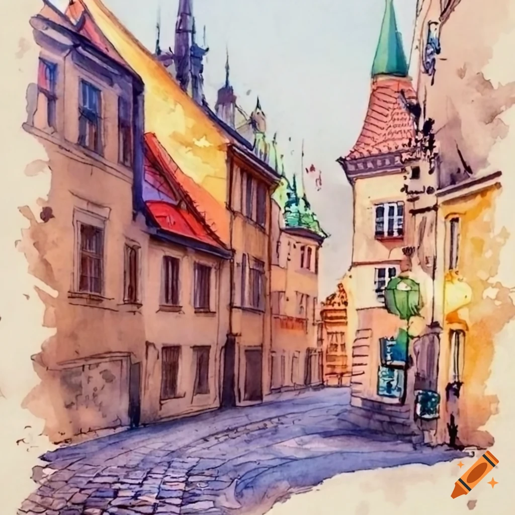 Pencil drawing of a cobblestone street in Prague's Old Town on Craiyon