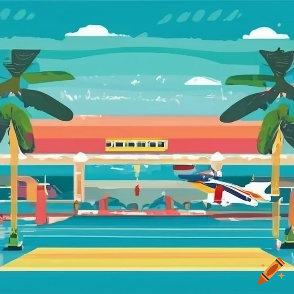 Vibrant tropical airport with retro painted color scheme on Craiyon