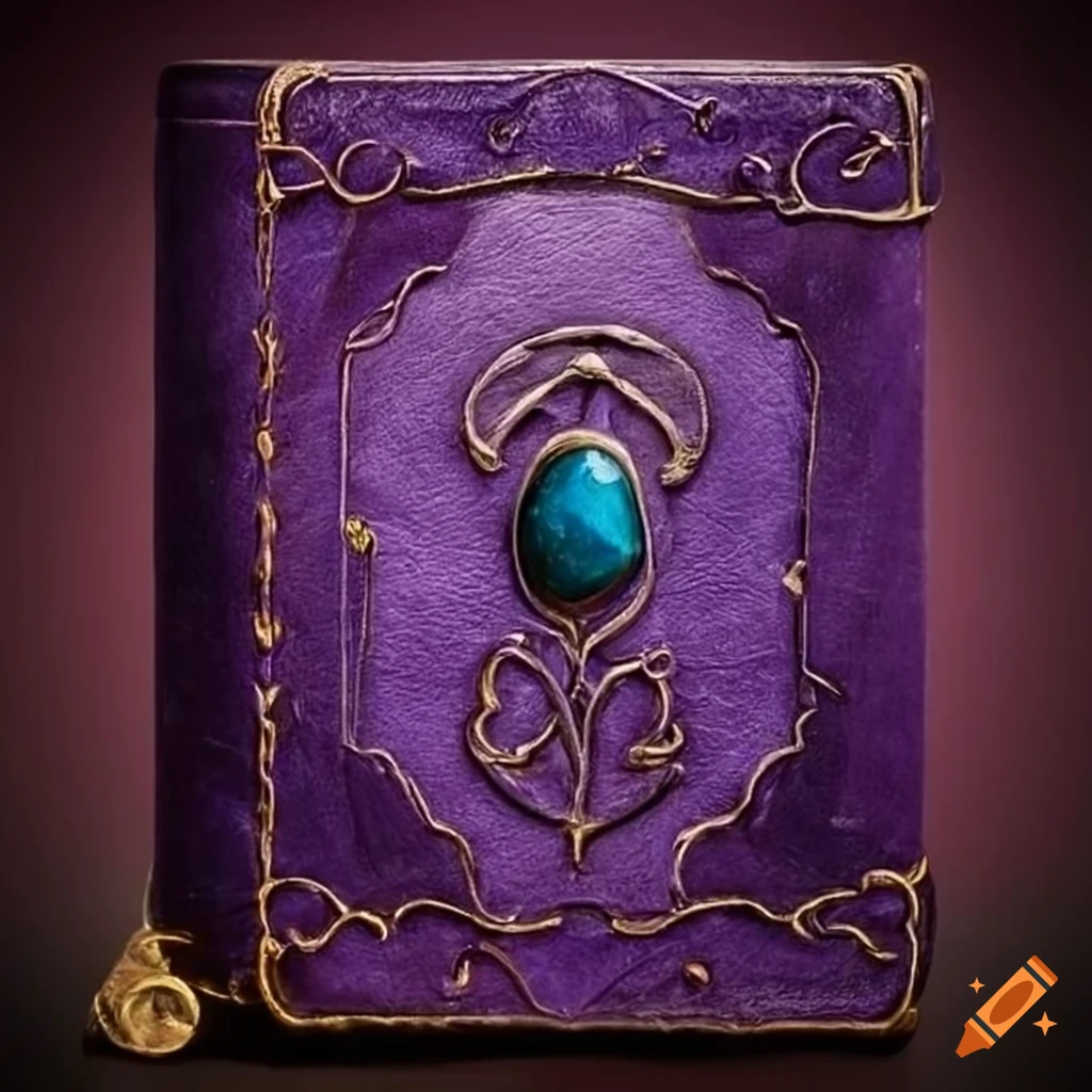 Purple leather-bound spellbook with a blue oval stone on the front on ...