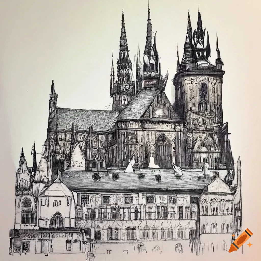 Intricate detailed pencil drawing of Prague Castle on Craiyon