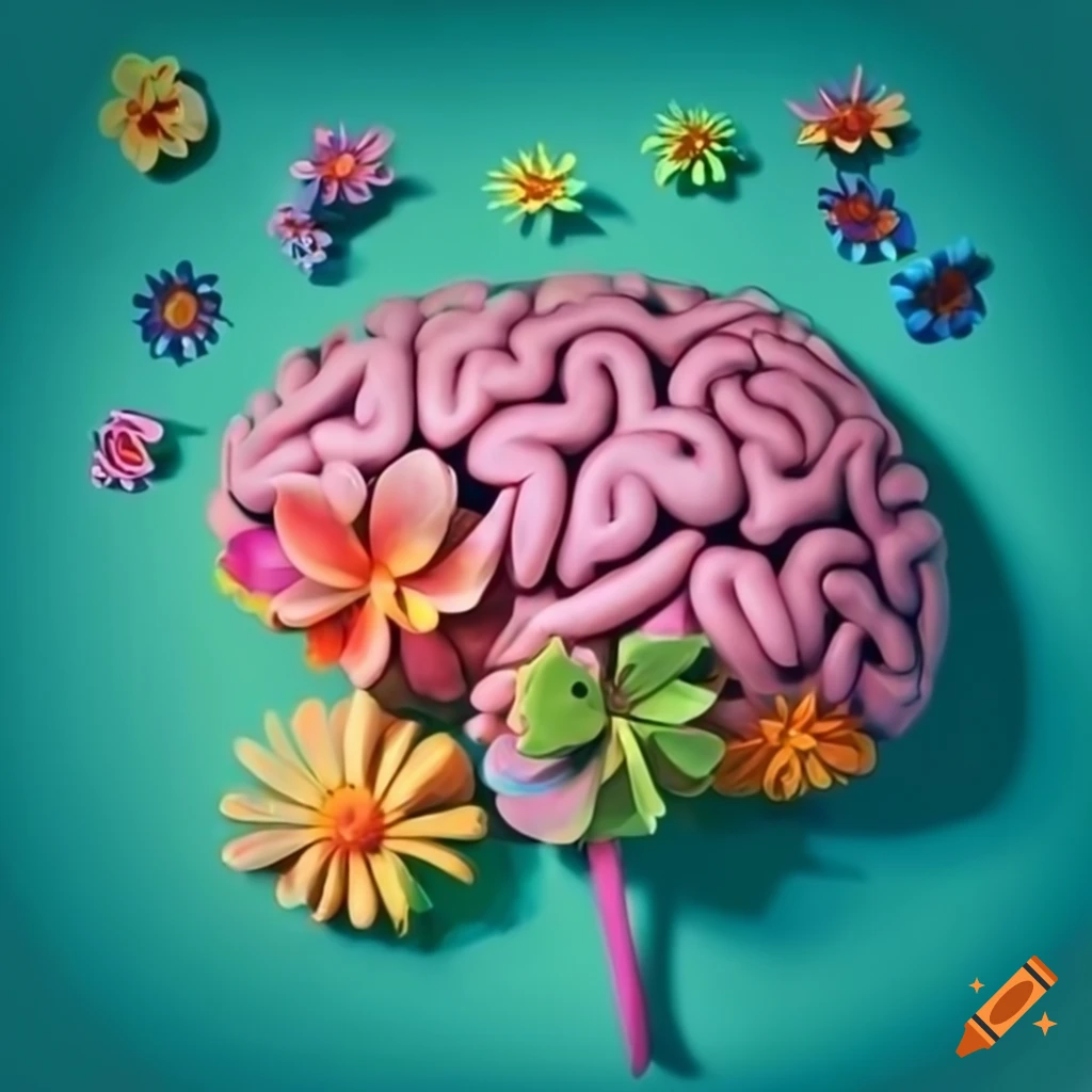 Colorful brain made of cute animals and flowers in whimsical style on ...