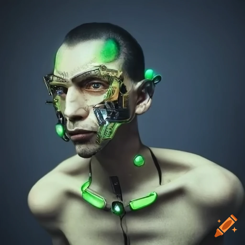 Handsome quirky male cyborg with peridot lacquer electronic components ...