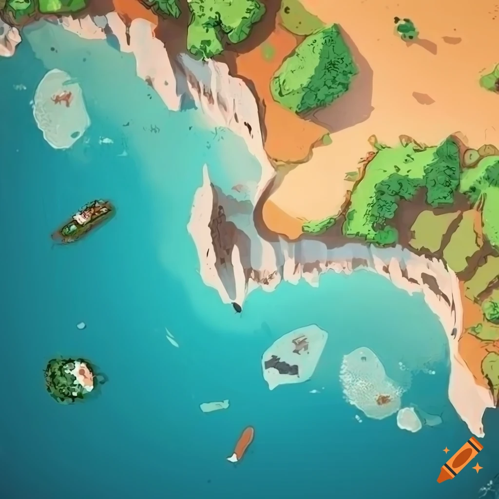 Top down 2d map of beach with cliffs and rivers on Craiyon