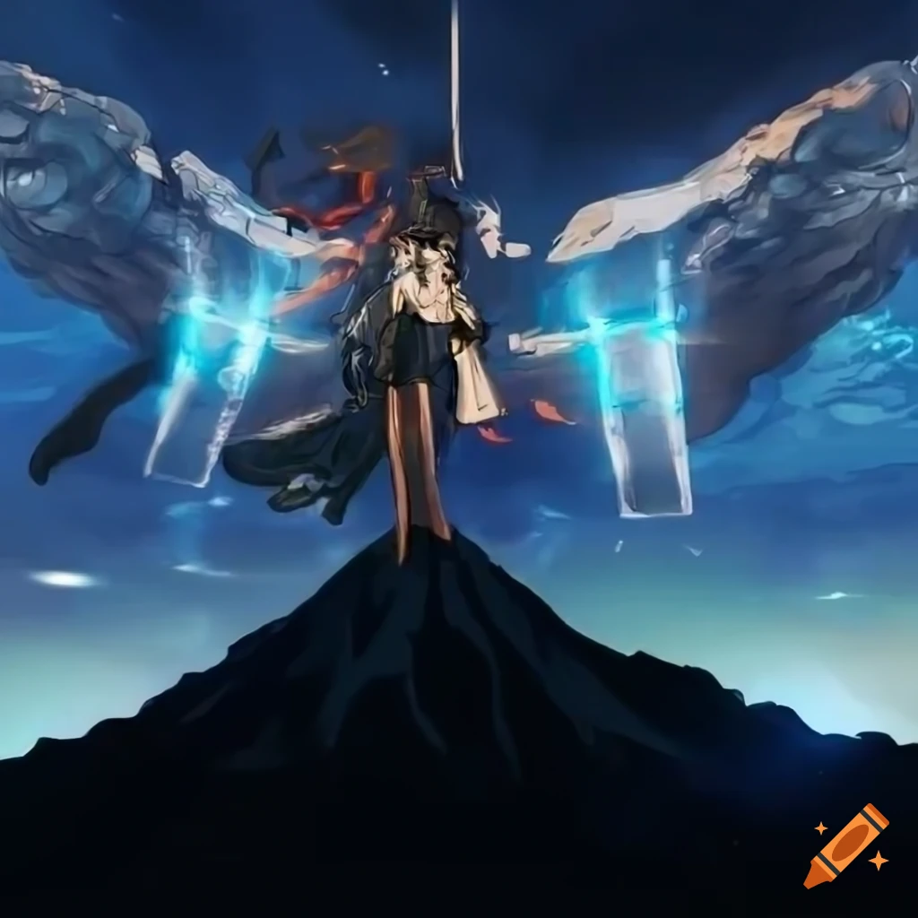 Futuristic anime style depiction of a human flying above an active ...