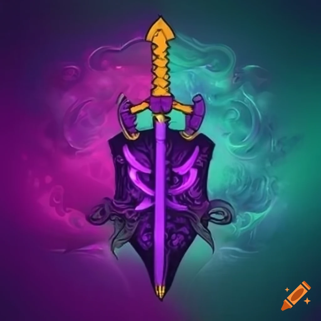 Crossed spectral purple swords in medieval crest on Craiyon