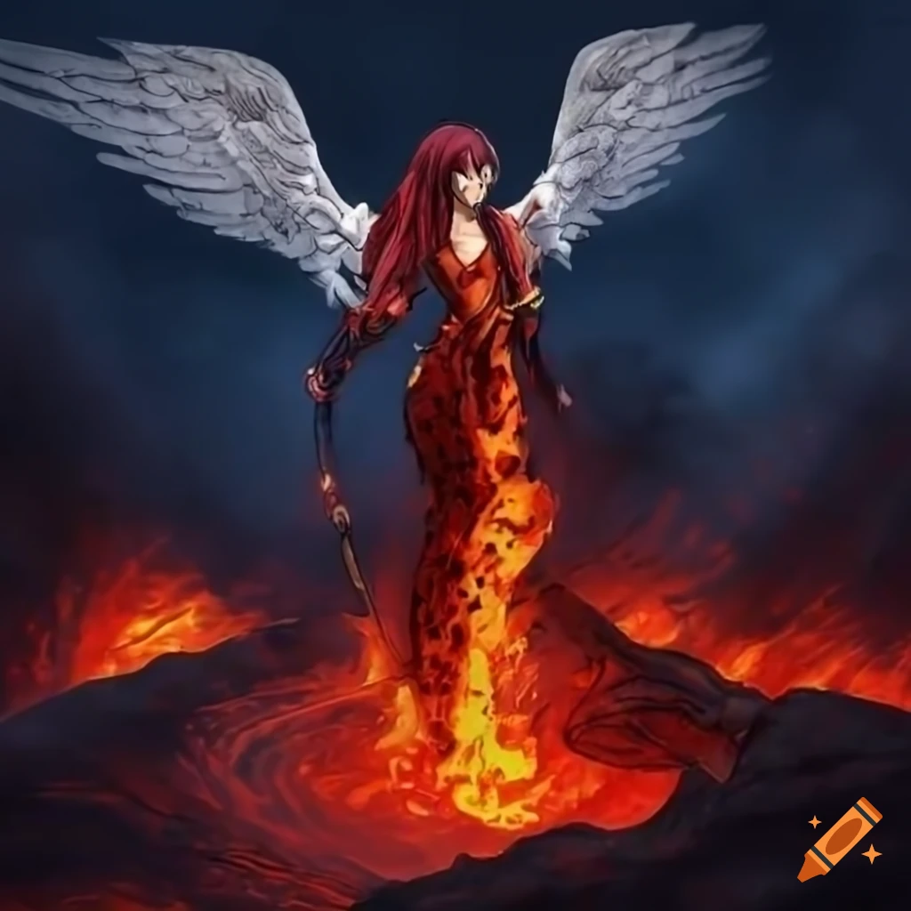 Fallen angel goddess with a lava staff in a volcanic scene on Craiyon