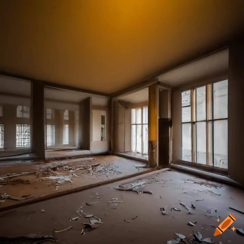 Abandoned conference room in amber fog with long horizontal industrial ...