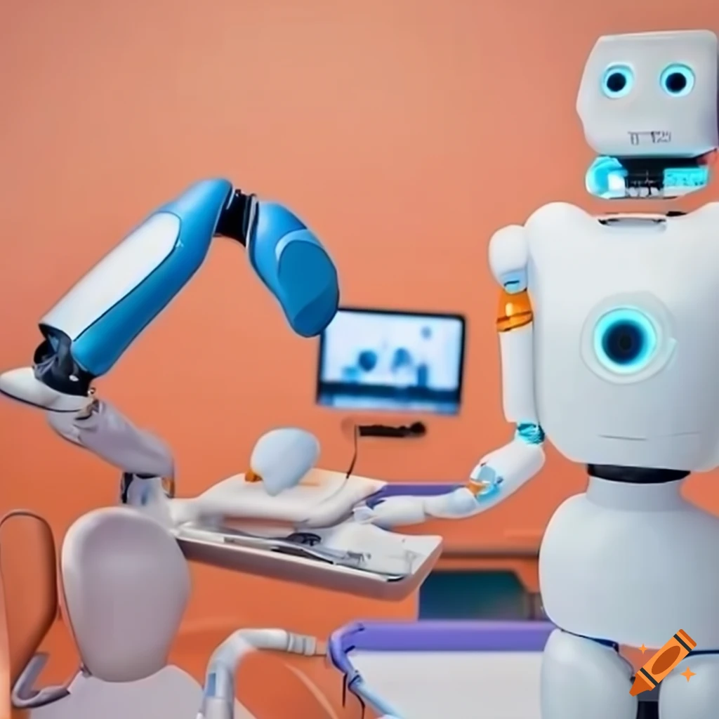 Team of confident robots in a dental operatory classroom setting on Craiyon