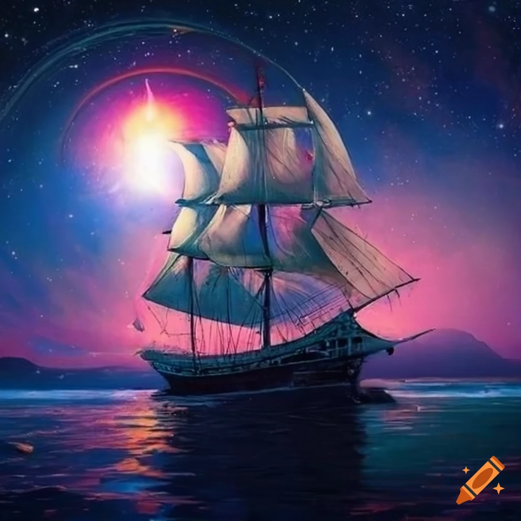 Sailing vessel in space with stars and planets in a surrealistic ...