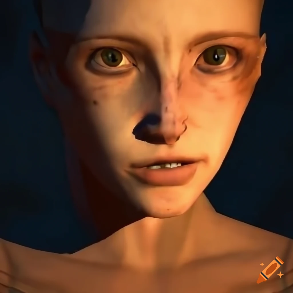 Rust video game character's female face with amber colored eyes on Craiyon