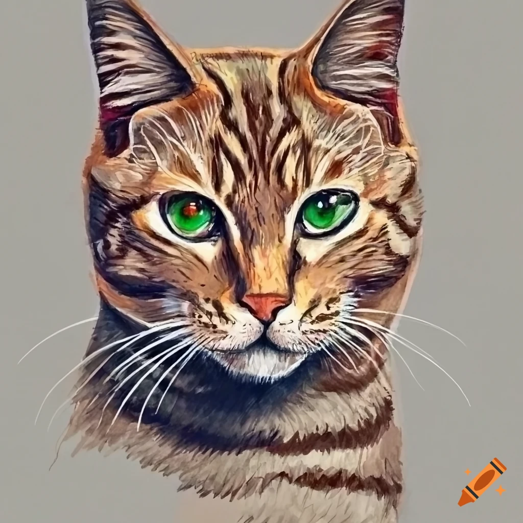 Sketch of a striking brown tabby cat in saturated colors on Craiyon