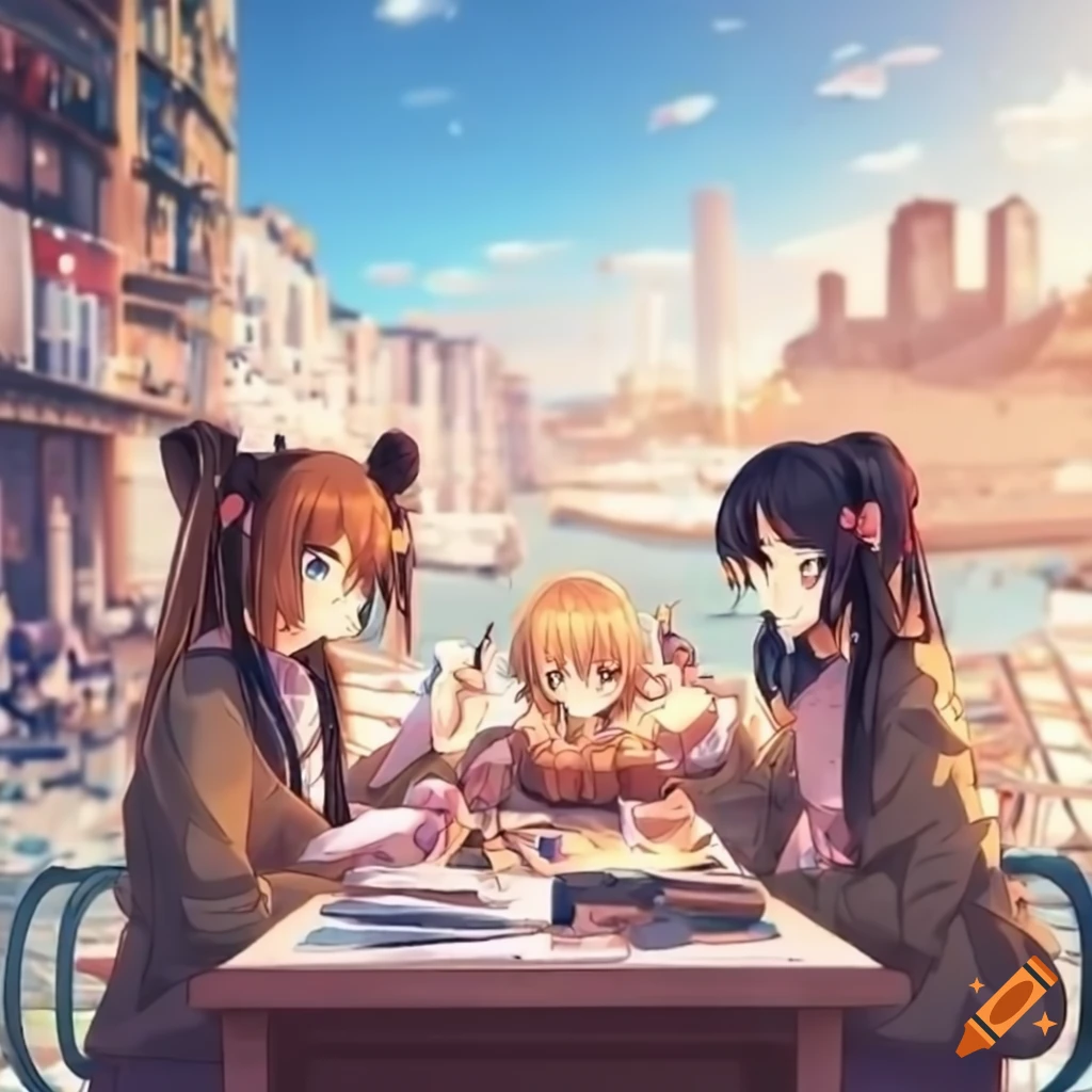 Cheerful anime girls studying science books in a crowded tearoom ...