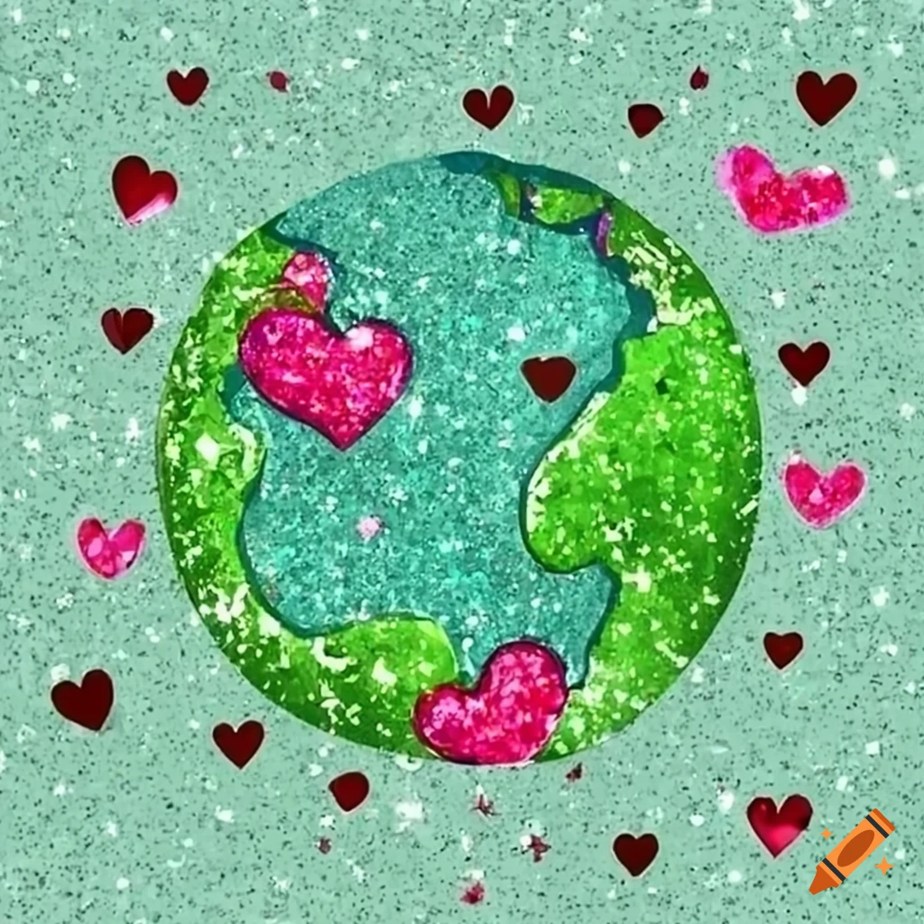 Pink and green glitter earth with cupid and hearts in space on Craiyon