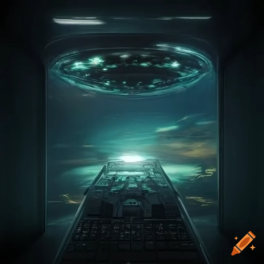 Surrealist alien spaceship machine in front of computer windows on Craiyon