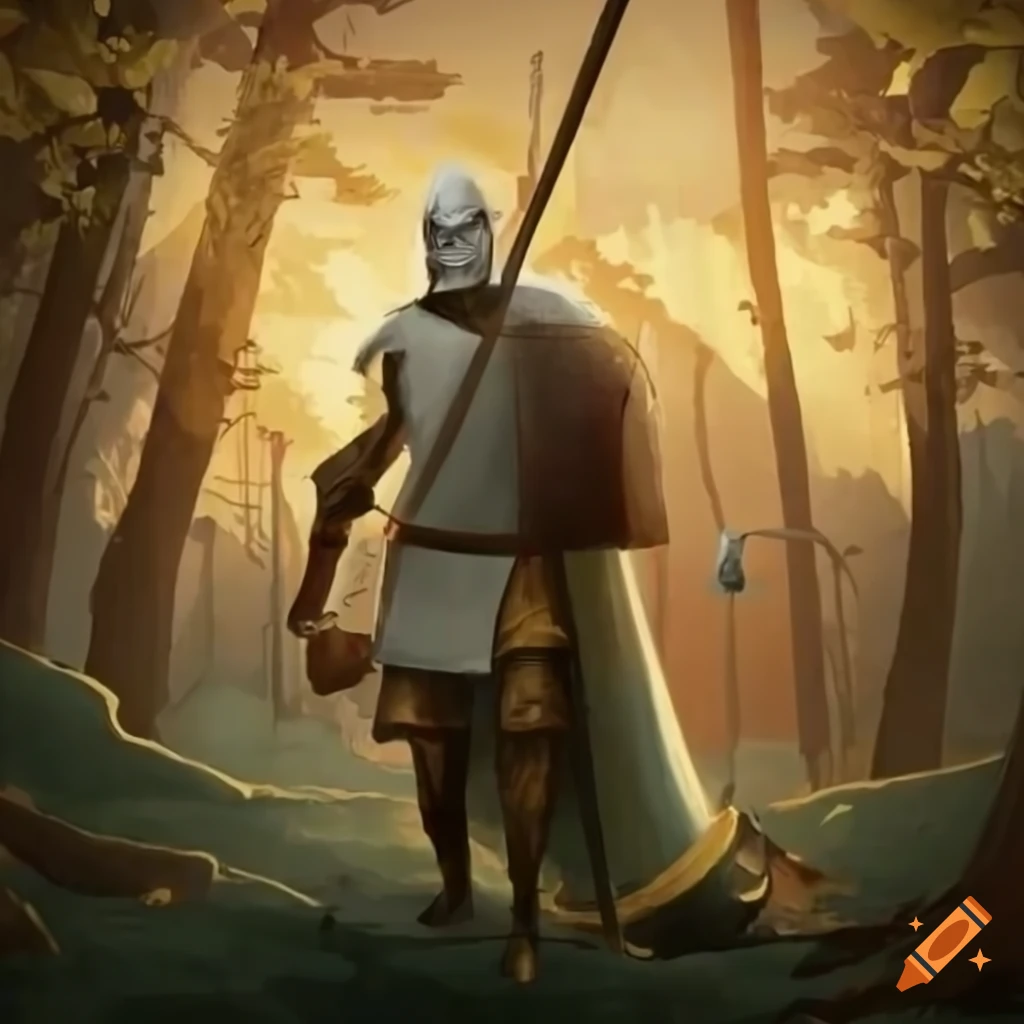 Illustration of a knight in the foreground and an inn behind, set in a ...