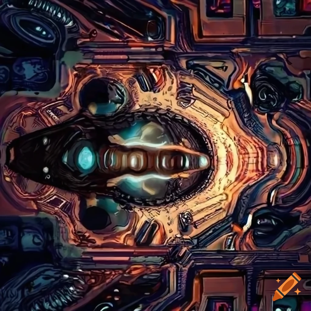 Surrealist top-down view of the inside of an alien spaceship on Craiyon