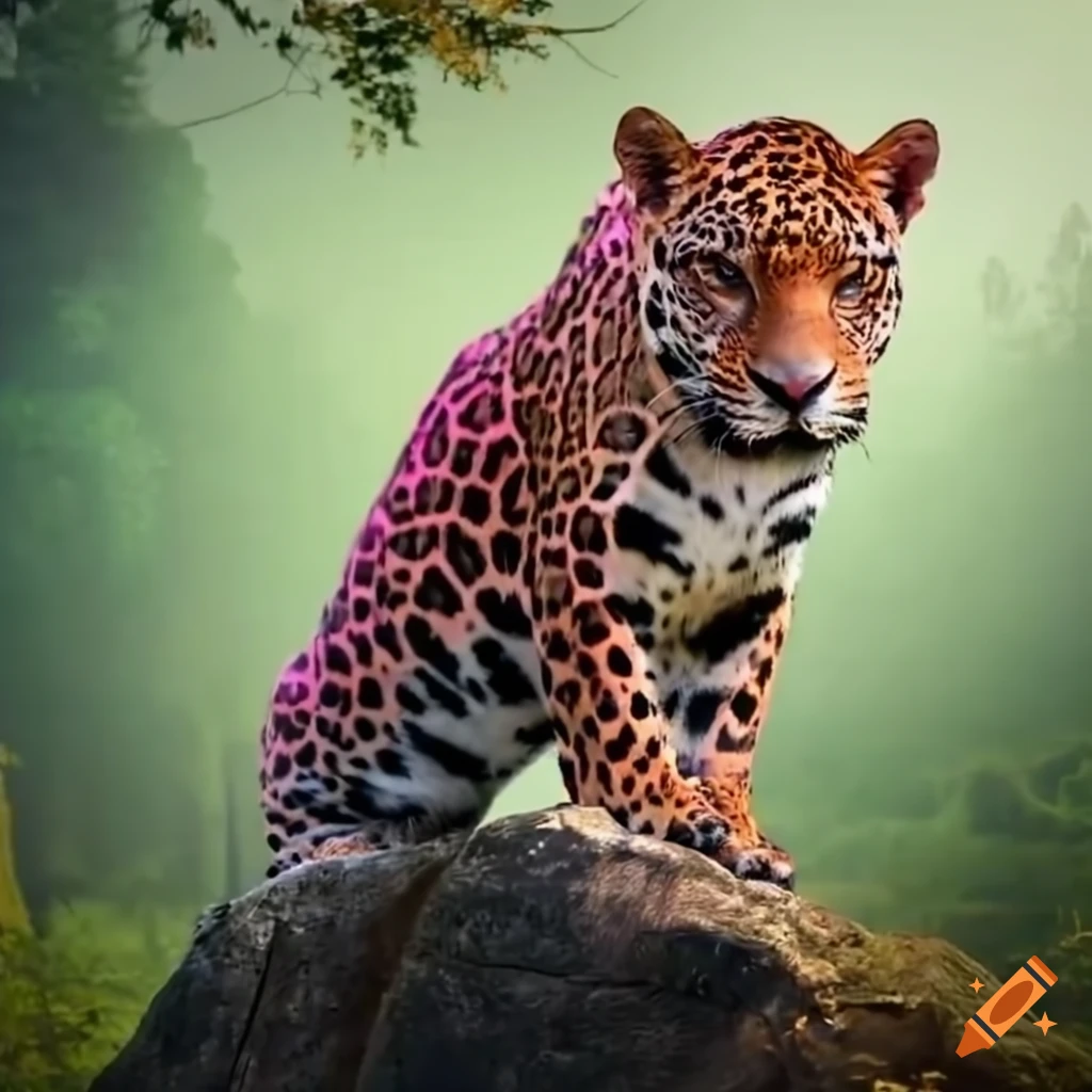 Fierce pink jaguar on rocky base surrounded by fog and trees on Craiyon