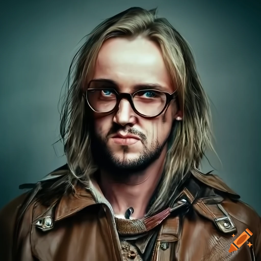 Portrait of a post-apocalyptic man with long blonde hair and glasses ...
