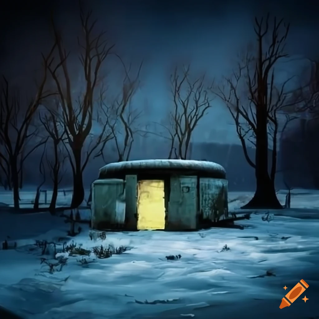 Fallout bunker in a winter wasteland on Craiyon
