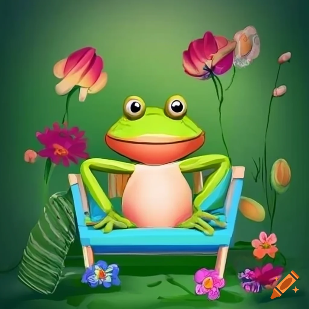 Whimsical frog lounging on a colorful beach chair with a beer bottle on ...
