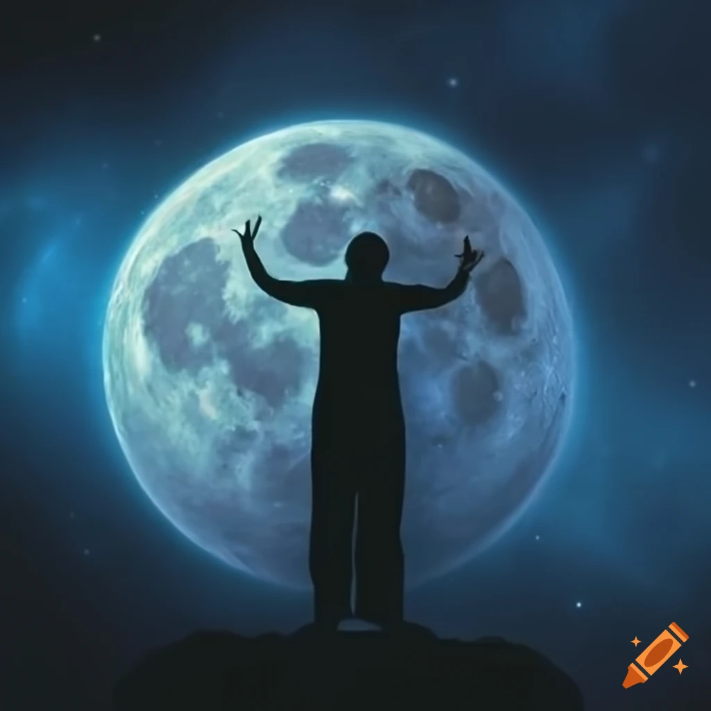 Person raising arm looking at the moon in a space setting on Craiyon