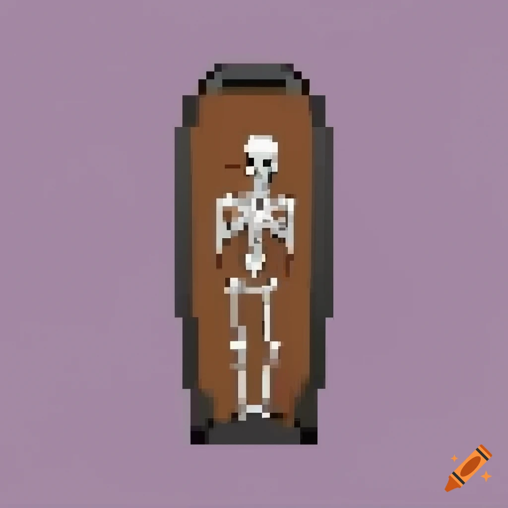 Pixel art of a skeleton with crossed arms in a coffin on Craiyon