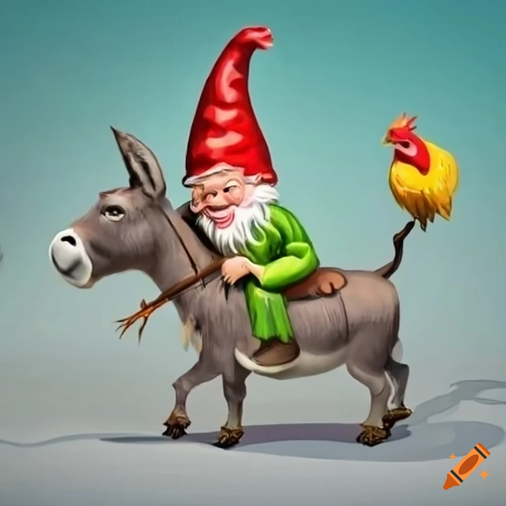 Gnome riding a donkey with a chicken under his hat on Craiyon