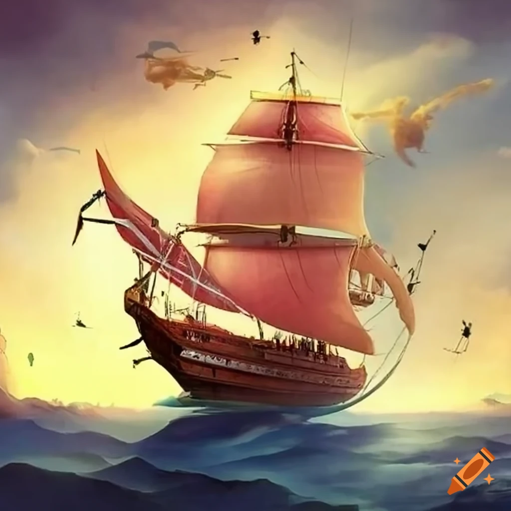 Sailing vessel flying in an eastern mythical fantasy setting on Craiyon