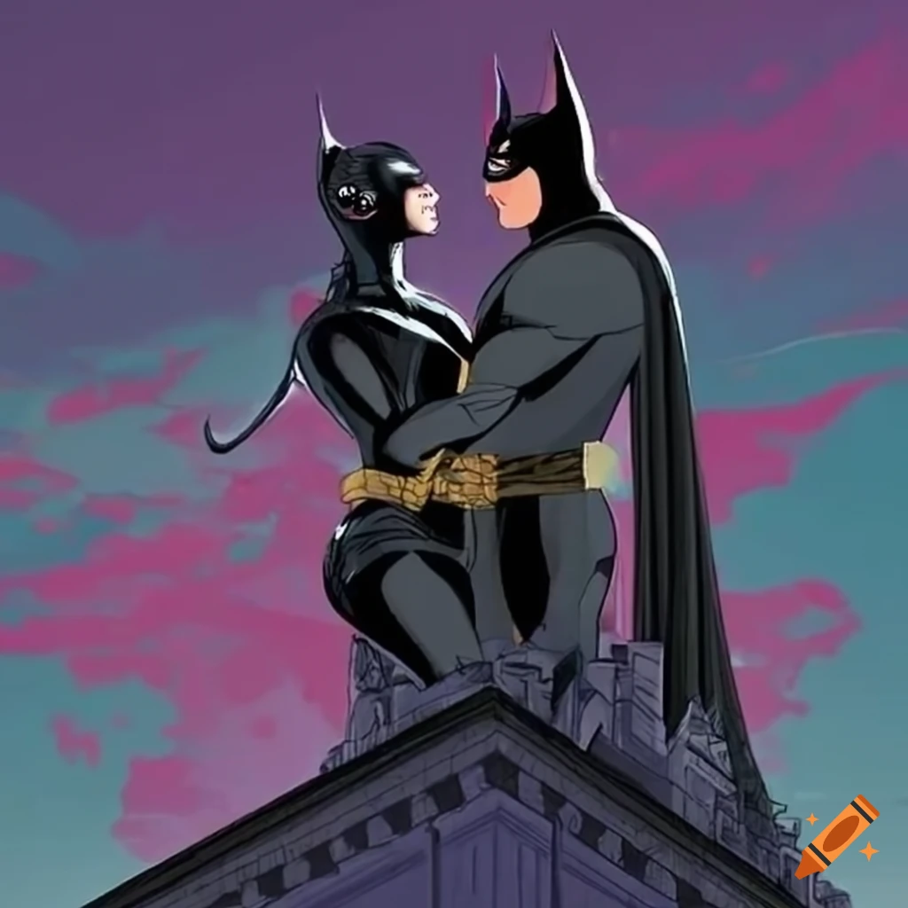 Superhero batman kissing catwoman on a rooftop on Craiyon