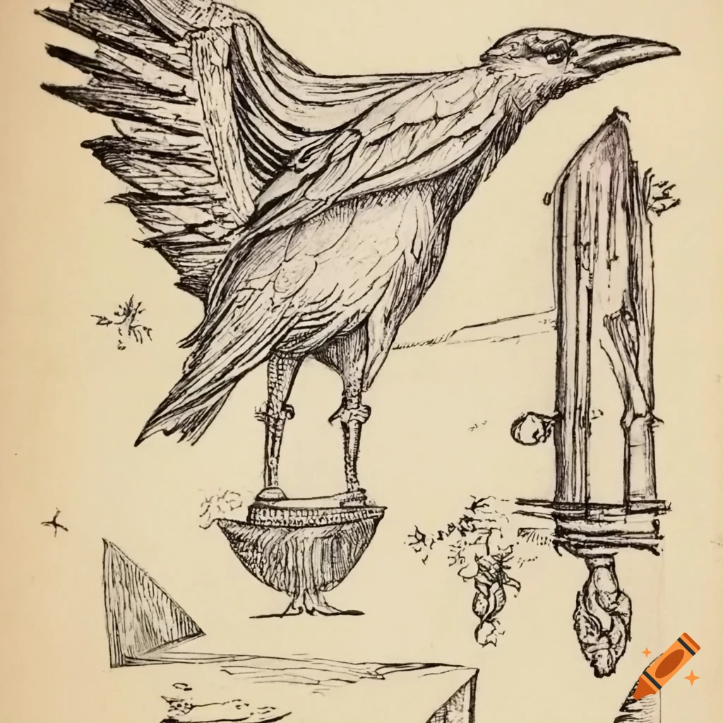Pen and ink medieval alchemy journal dissecting a raven, edward lear ...
