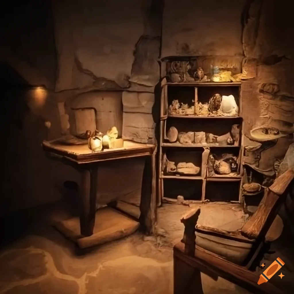 Small old archaeologist's room with magical artifacts on Craiyon