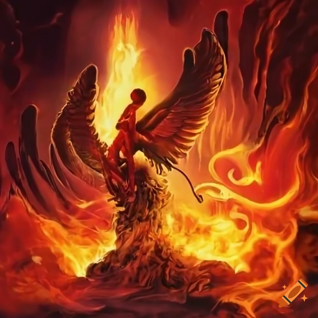 Fire angel riding magma phoenix on Craiyon