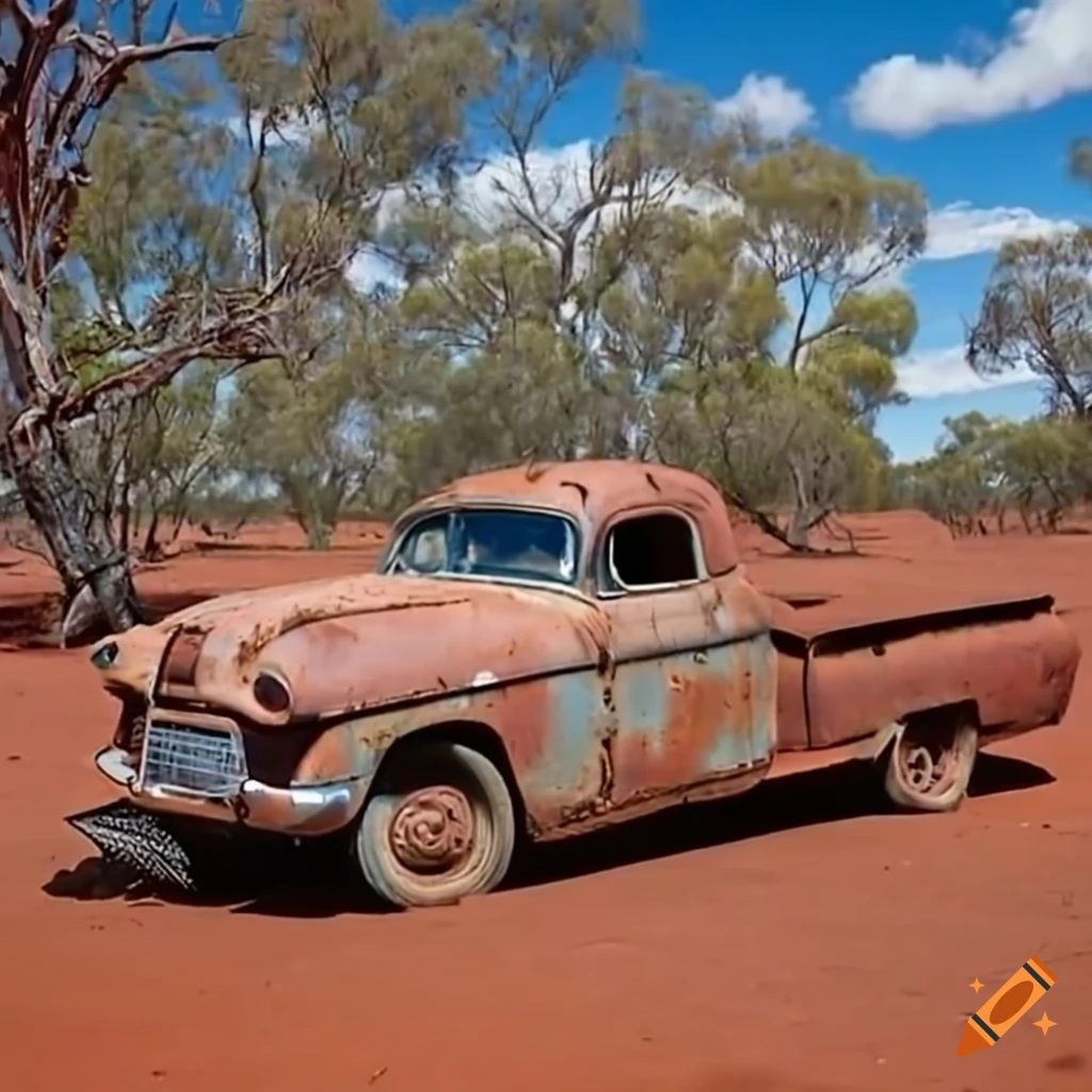 Rusty 1950s ute in the red outback of australia on Craiyon