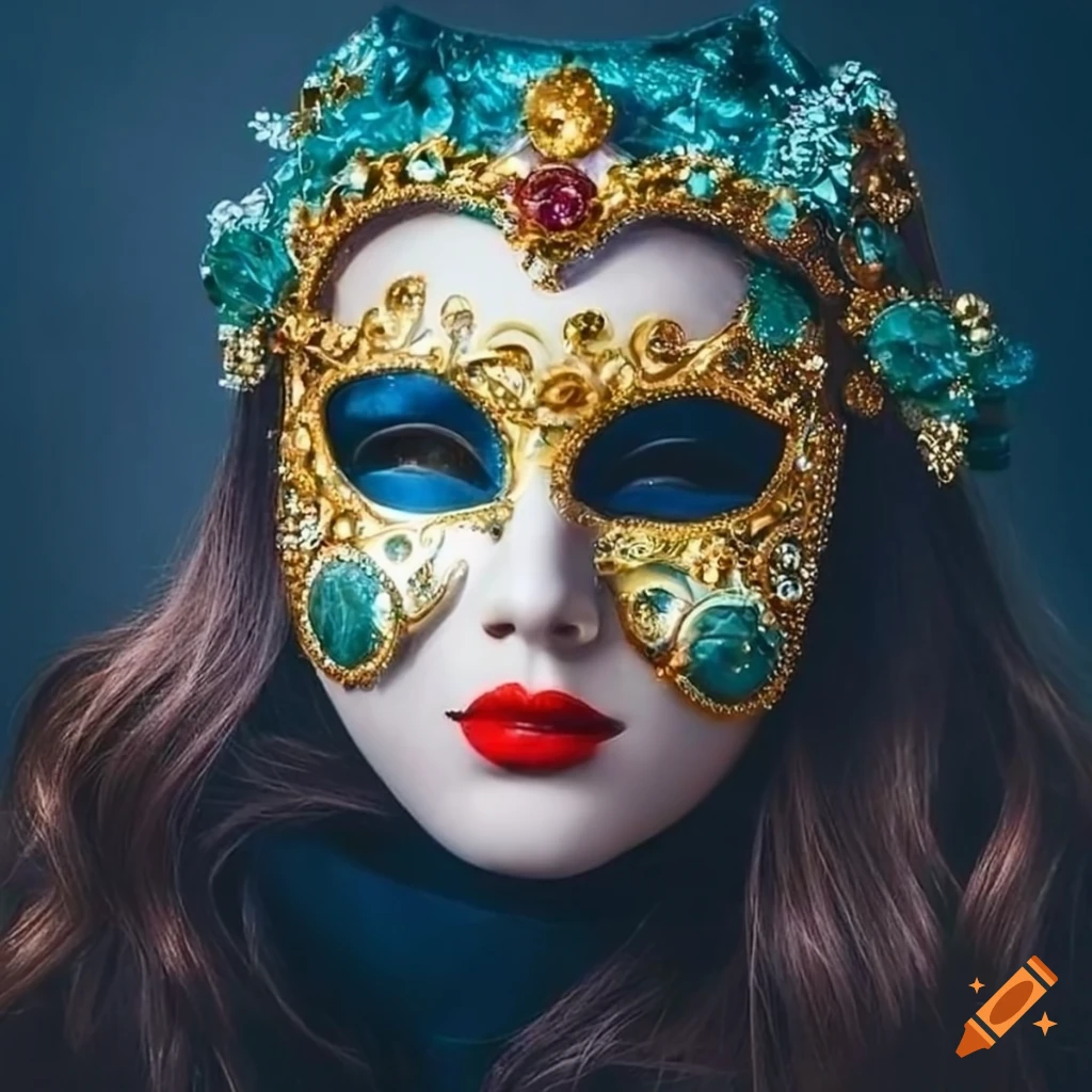 Young woman wearing a beautifully decorated venetian mask with precious ...