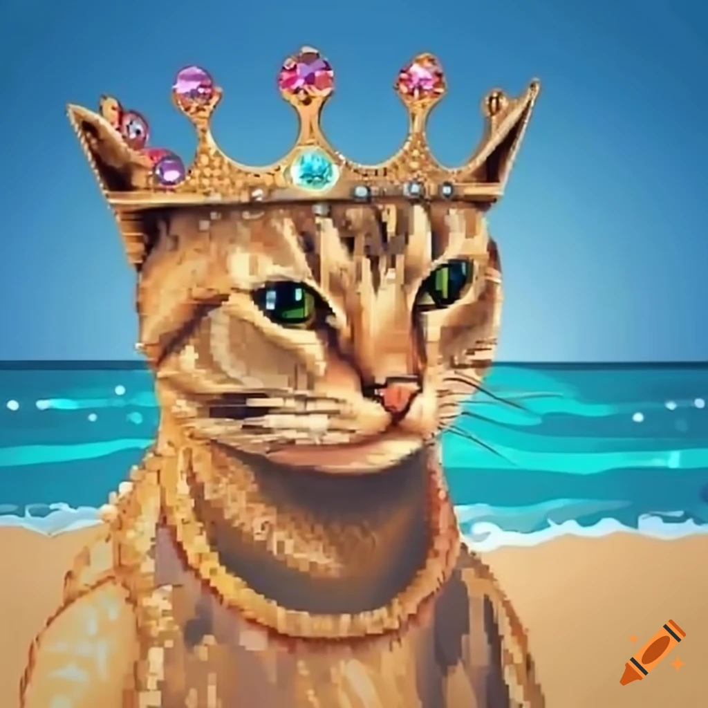Cat with rhinestone crown on the seashore on Craiyon