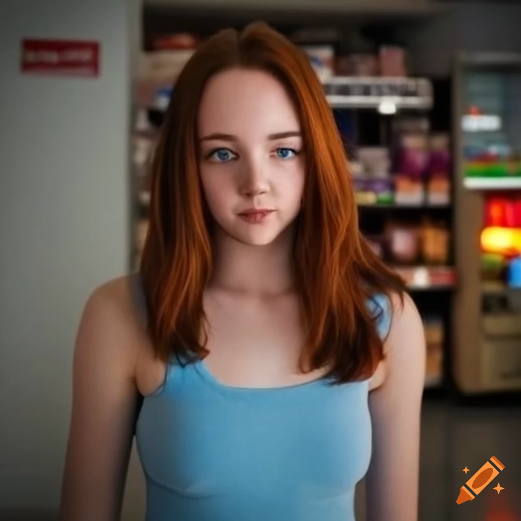 Haley ramm with auburn hair in a sky blue tank top on Craiyon