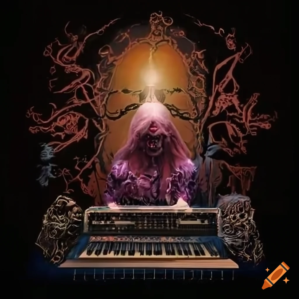 Magical witch playing a synthesizer in a surreal doom metal art style ...