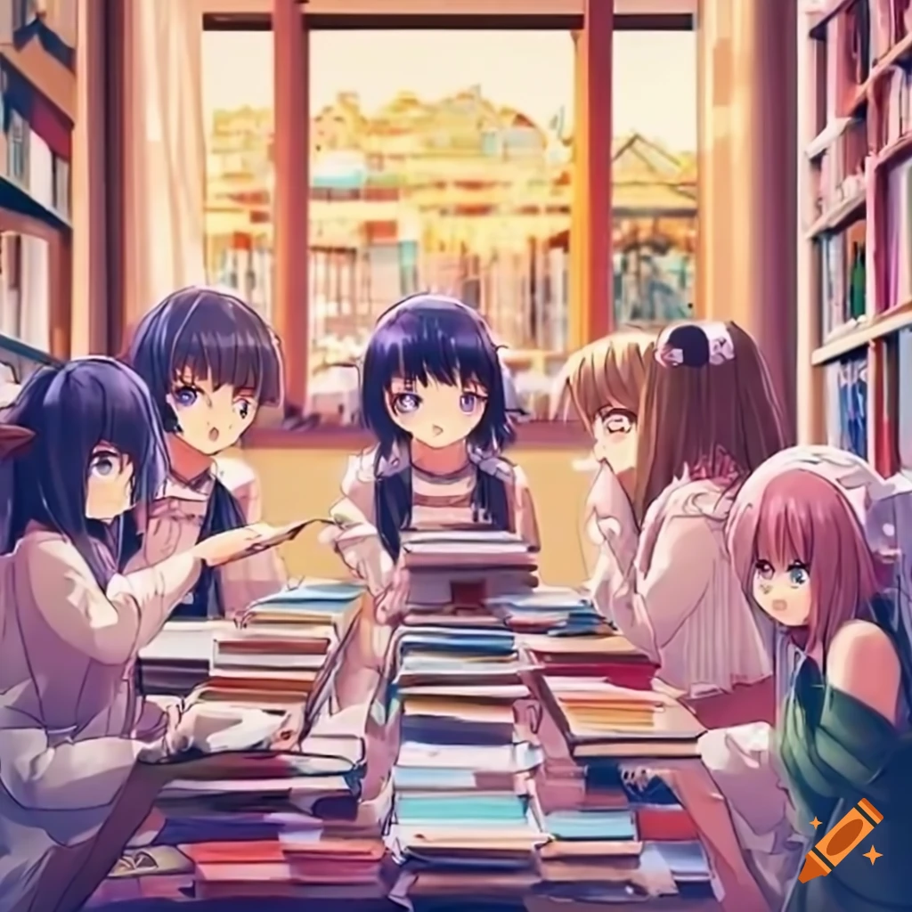 Cheerful anime girls studying science books in a crowded tearoom ...